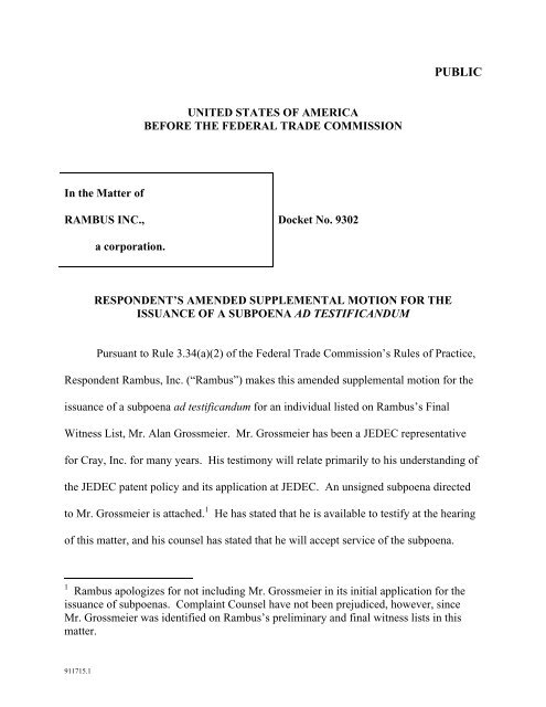 Amended Motion for Issuance of Subpoena - Federal Trade ...