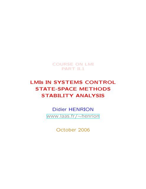 LMIs IN SYSTEMS CONTROL STATE-SPACE METHODS ... - EECI