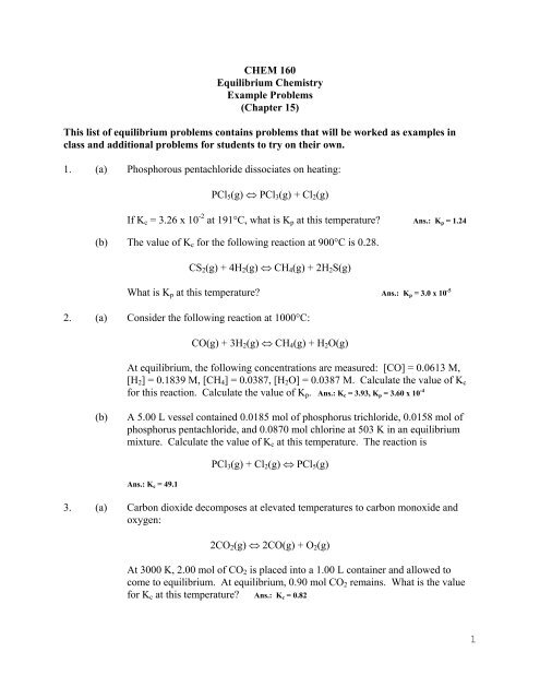 CHEM 160 Equilibrium Chemistry Example Problems (Chapter 15 ...
