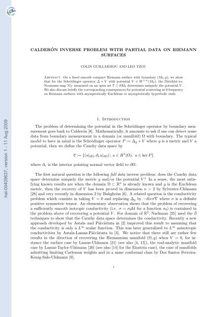 Calderon inverse Problem with partial data on Riemann Surfaces Calderon inverse Problem with partial data on Riemann Surfaces