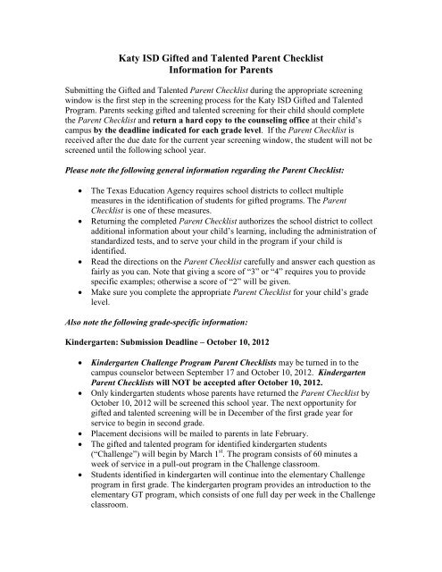 GT Parent Checklist Information - Katy ISD