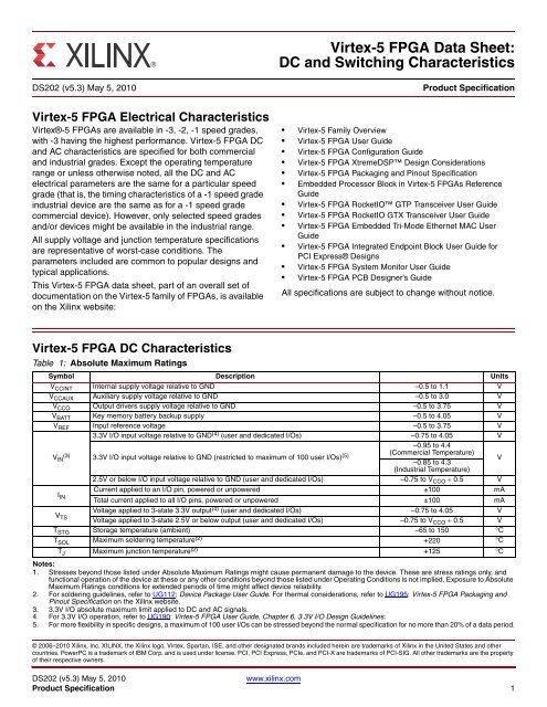 Xilinx DS202 Virtex-5 FPGA Data Sheet: DC and Switching ...