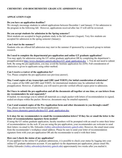 CHEMISTRY AND BIOCHEMISTRY GRADUATE ADMISSION FAQ ...