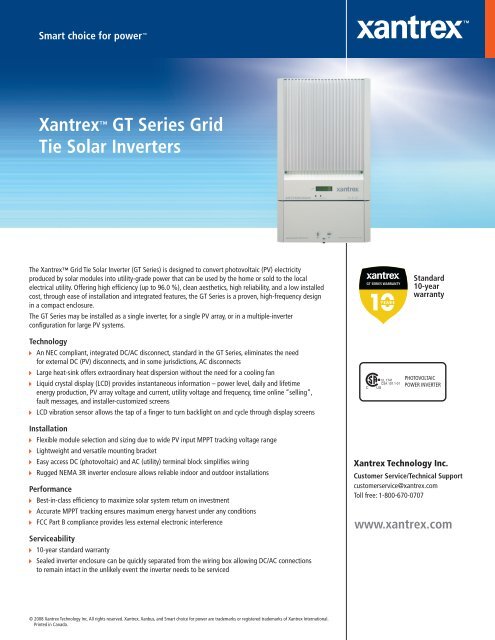 Xantrex™ GT Series Grid Tie Solar Inverters - Prevailing Wind Power
