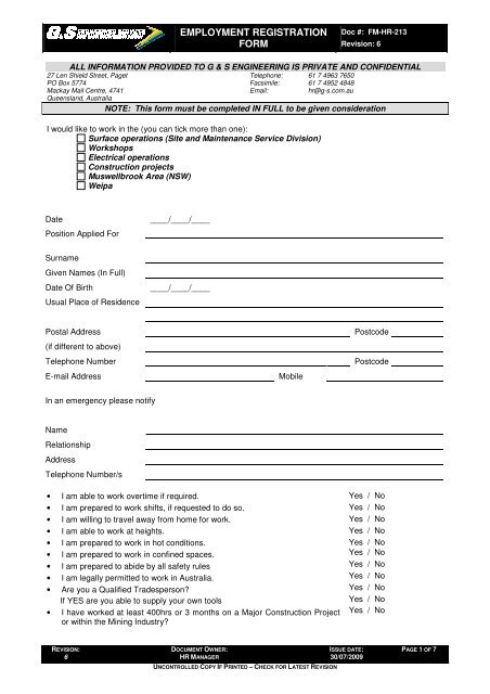 EMPLOYMENT REGISTRATION FORM - G&S Engineering