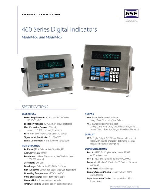 GSE 460 Specifications - Digital Weight Indicators