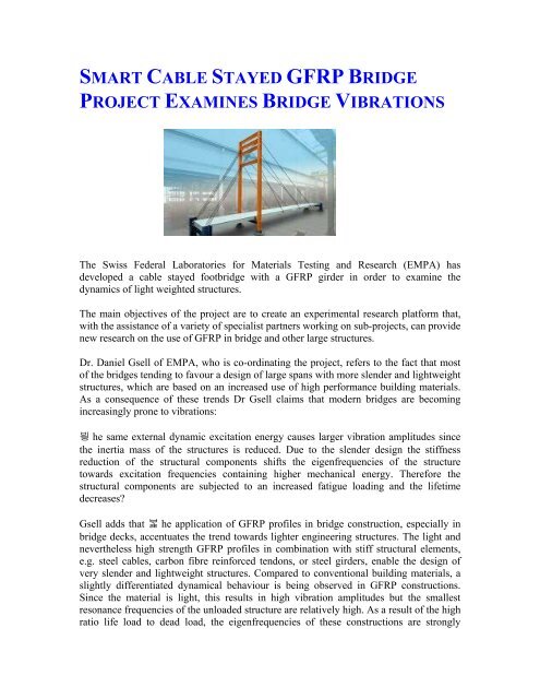 smart cable stayed gfrp bridge project examines bridge vibrations