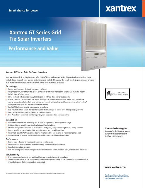 Xantrex GT Series Grid Tie Solar Inverters - Solar Electric Supply