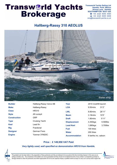 Hallberg-Rassy 310 AEOLUS - Transworld Yachts