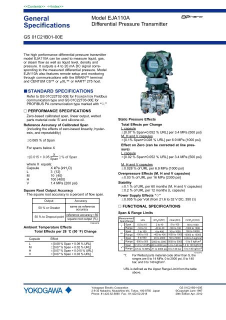 Model EJA110A Differential Pressure Transmitter - Yokogawa