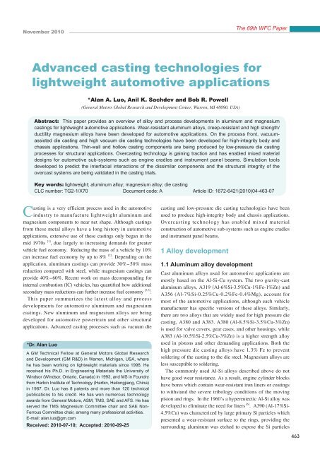 Advanced casting technologies for lightweight automotive applications