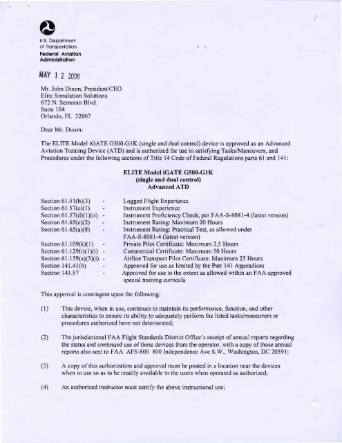 FAA Approval Letter - Elite Simulation