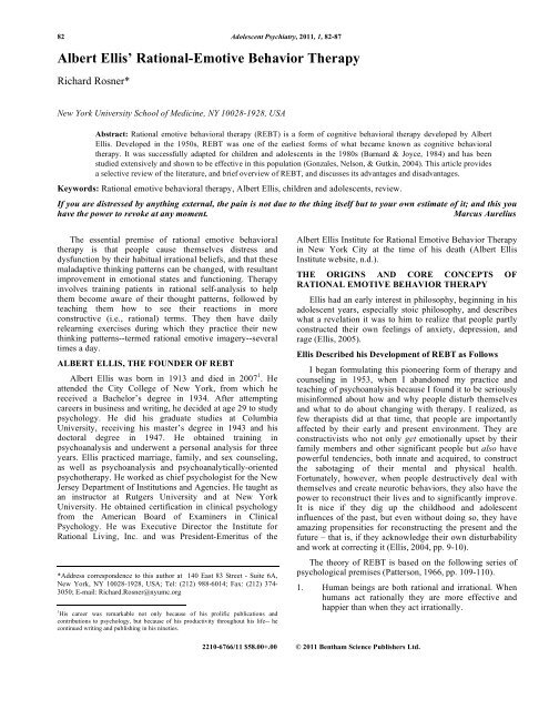 Albert Ellis' Rational-Emotive Behavior Therapy - Bentham Science