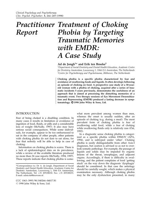 Practitioner Report Treatment of Choking Phobia by Targeting ...