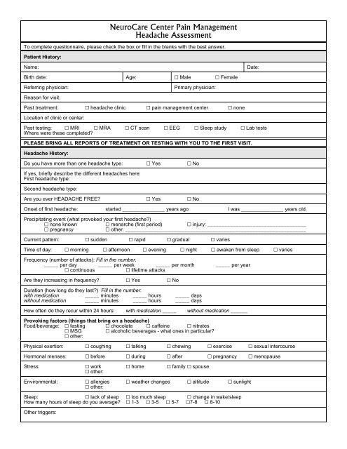 Headache Assessment Form - NeuroCare Center Inc.