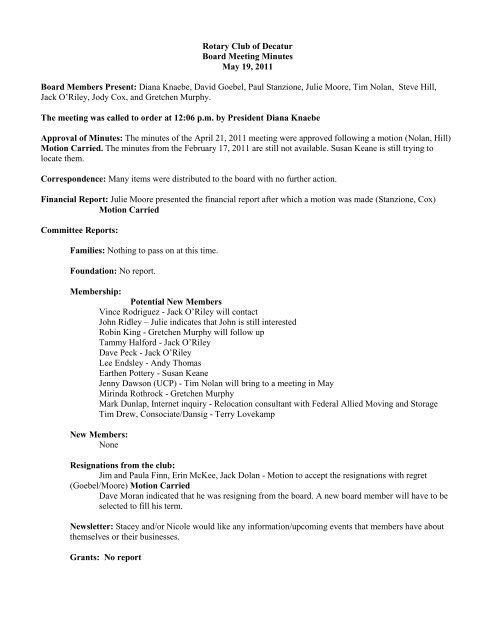 Rotary Club of Decatur Board Meeting Minutes