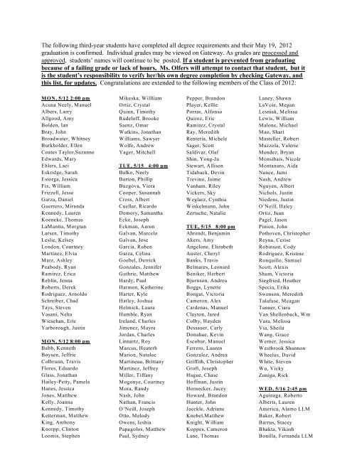 Class of 2012 List of Graduates - St. Mary's University