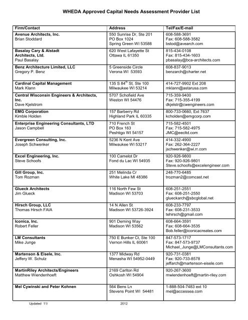 WHEDA Approved Capital Needs Assessment Provider List