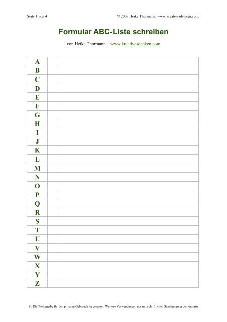 Formular ABC-Liste schreiben - Kreativesdenken.com