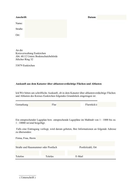 Antrag auf Auskunft aus dem Altlasten-Kataster - Kreis Euskirchen