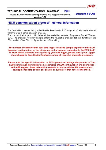 “ecu Communication Protocol” General Information Aim Sports