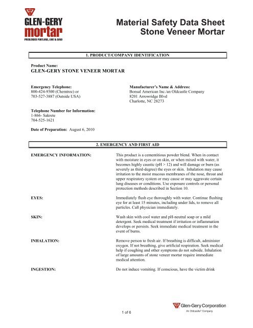 GGM Stone Veneer MSDS r1 - Glen-Gery Brick