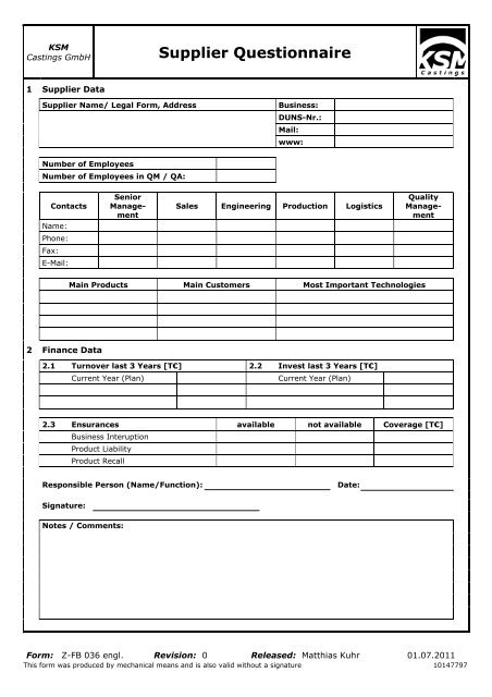 Supplier Questionnaire - KSM Castings