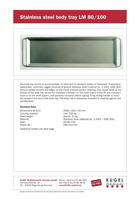 Stainless steel body tray LM 80/100 - KUGEL medical