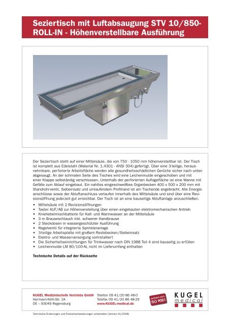 Seziertisch mit Luftabsaugung STV 10/850- ROLL ... - KUGEL medical