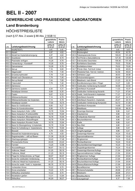 BEL II 2007 Preisliste