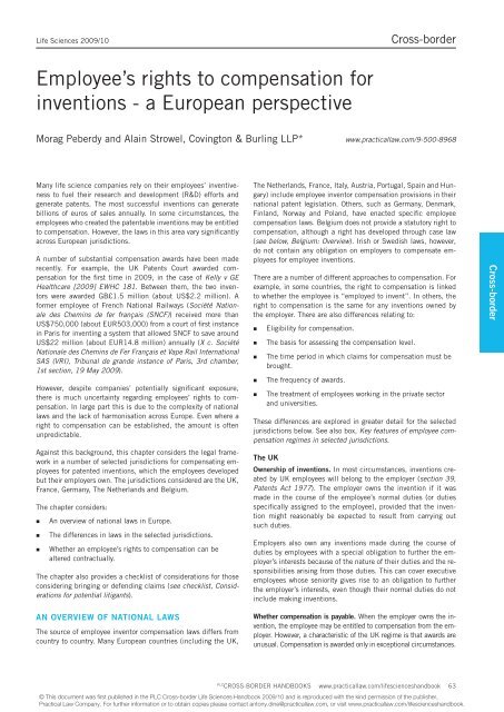 Employee's rights to compensation for inventions - Covington ...